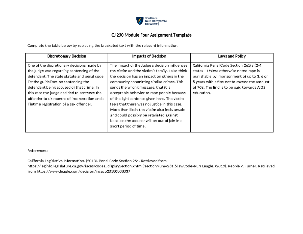 CJ 230 DISCRETION IN CJ MODULE 4 ASSIGNMENT TEMPLATE COMPLETED - CJ 230 ...