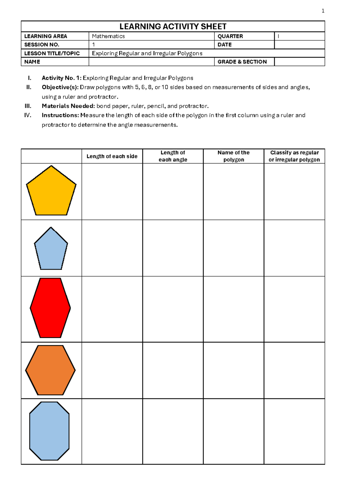 Learning Activity Sheet 1 Exploring Regular and Irregular Polygons - 1 ...