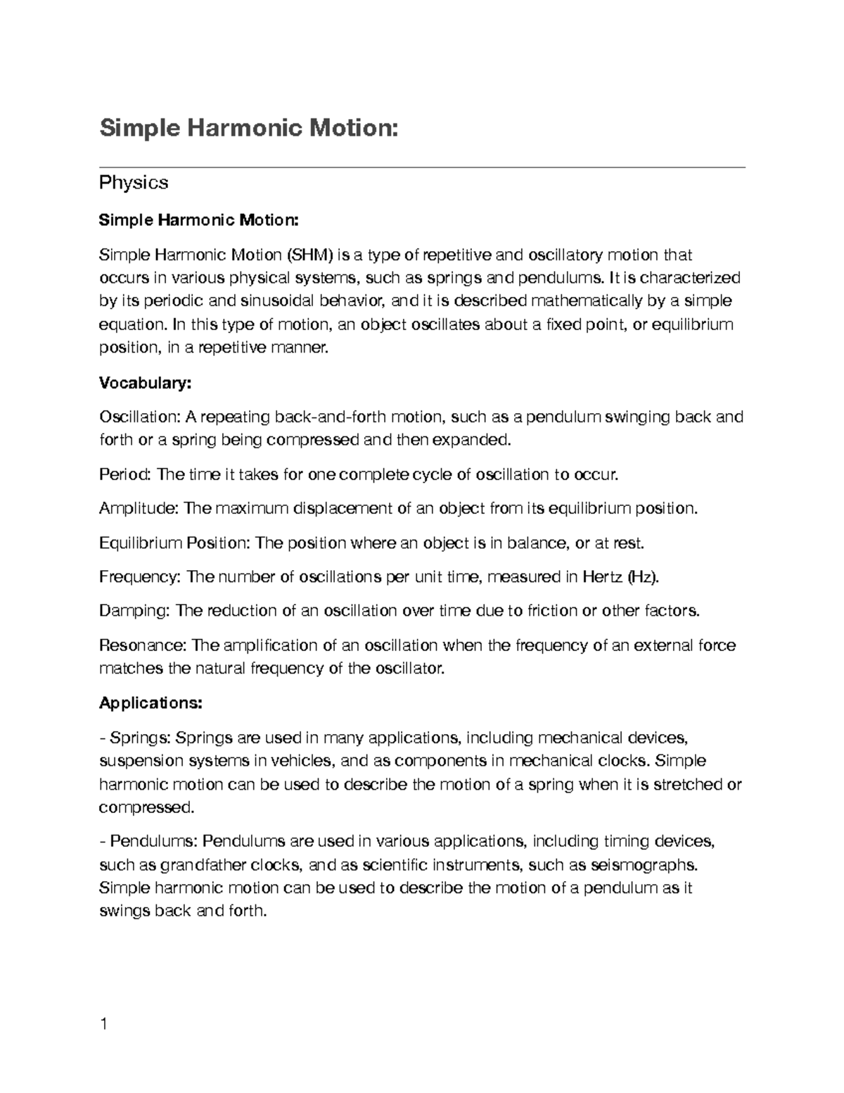 Simple Harmonic Motion Notes - Simple Harmonic Motion: Physics Simple ...