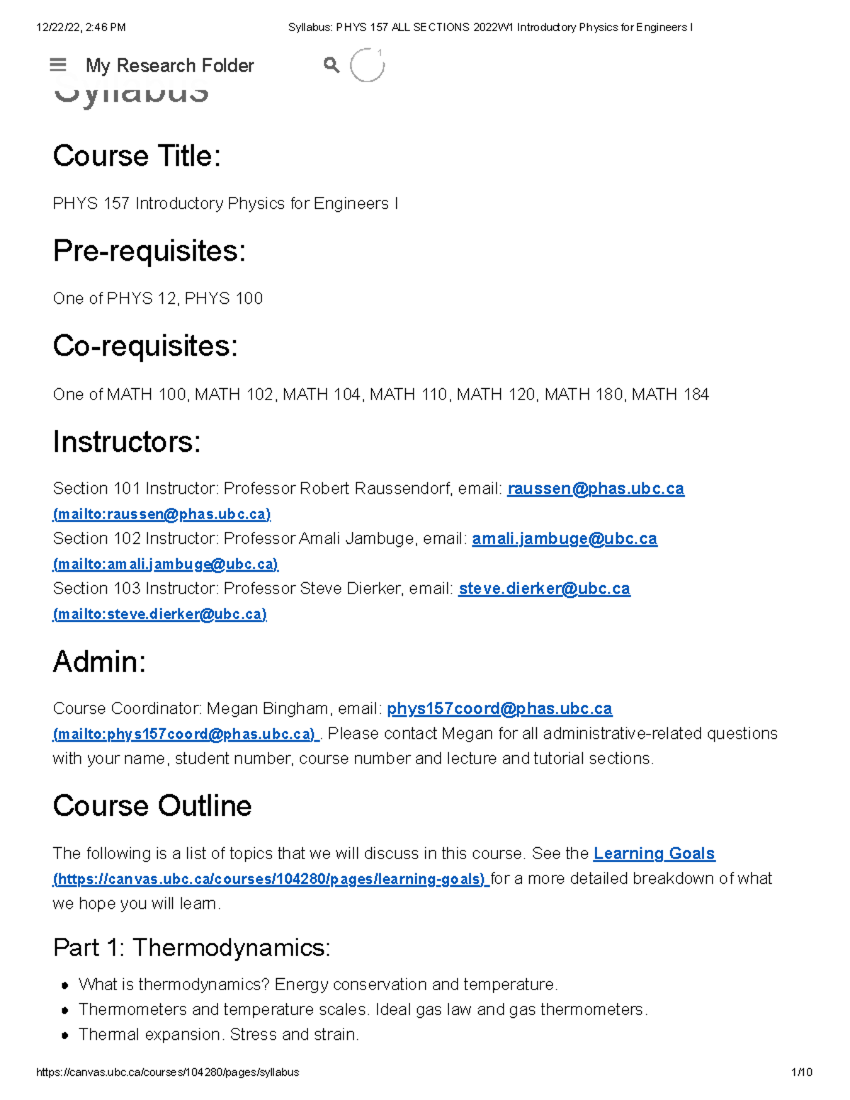 Syllabus PHYS 157 ALL Sections 2022W1 Introductory Physics for ...