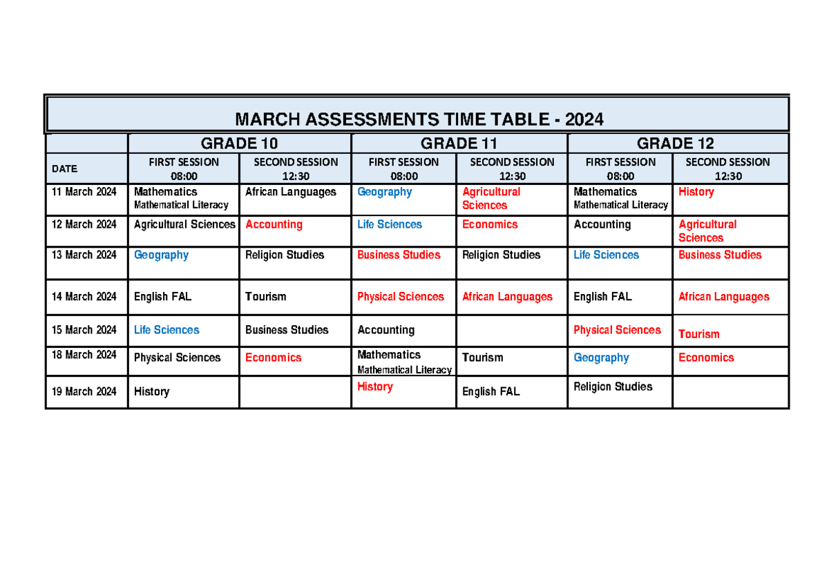 September 2024 exam - MARCH ASSESSMENTS TIME TABLE - 2024 GRADE 10 ...
