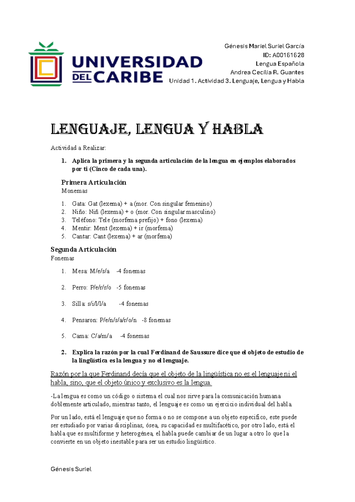 Unidad 1 Actividad 3 Lenguaje, Lengua y habla - Génesis Suriel Génesis ...