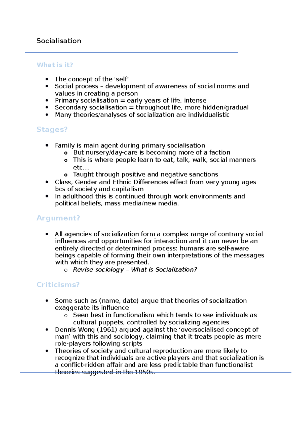 Socialisation - Summary of socialization and some of the arguments for ...