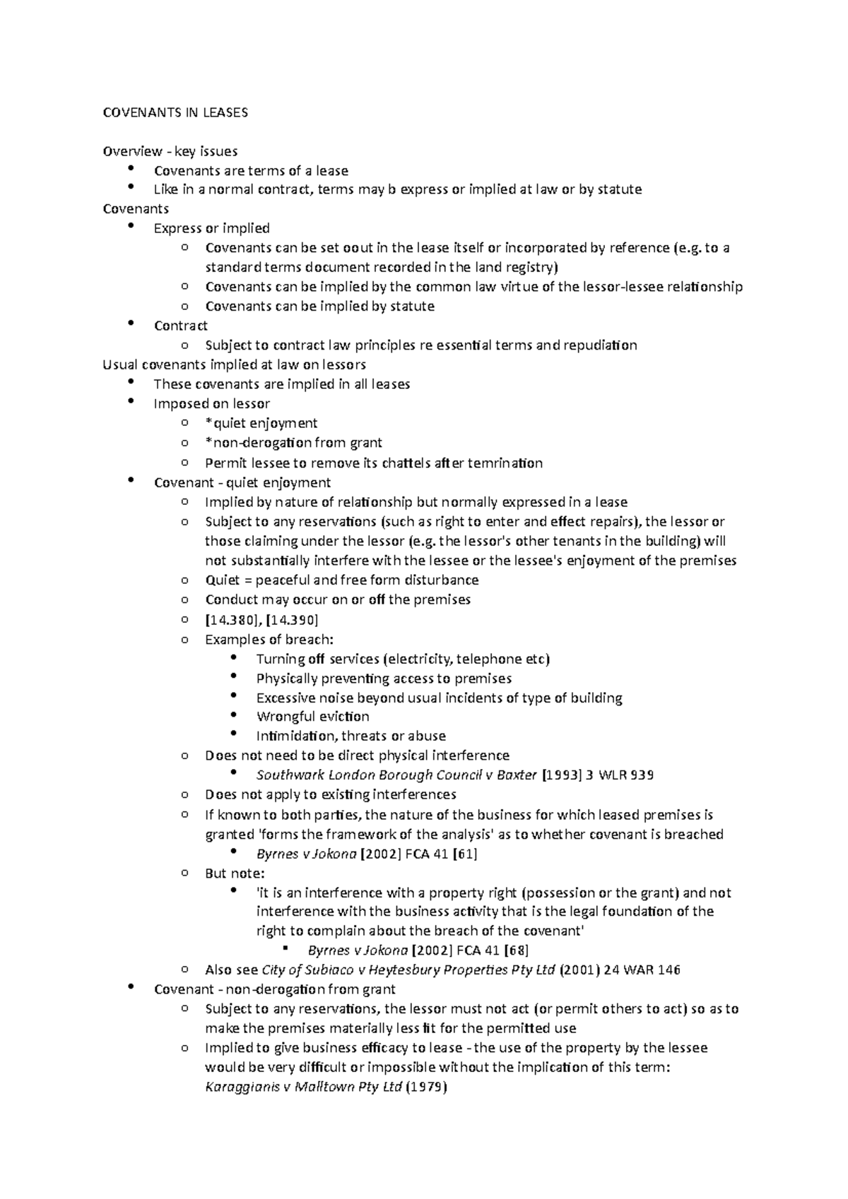 Week 8 lecture - covenants of leases - COVENANTS IN LEASES Overview - key issues Covenants are ...