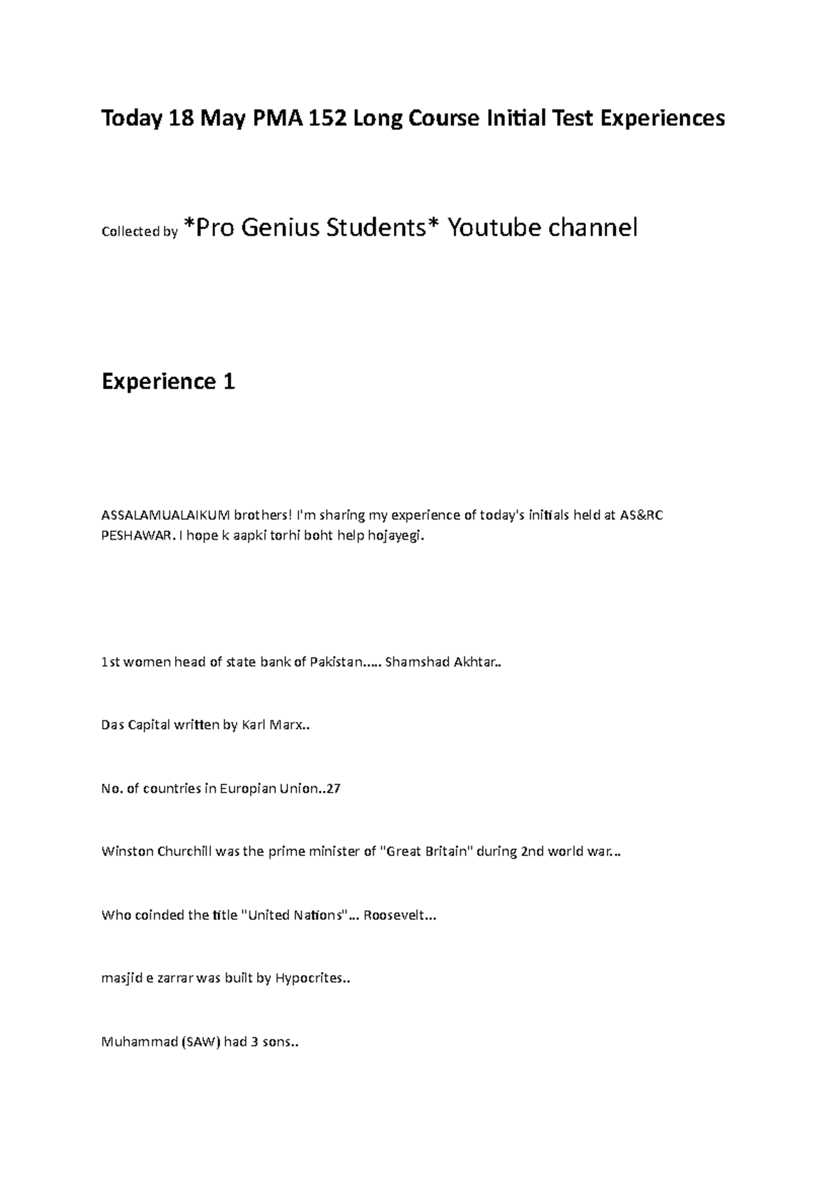 18 may pma 152 - Pma notes - Today 18 May PMA 152 Long Course Initial ...