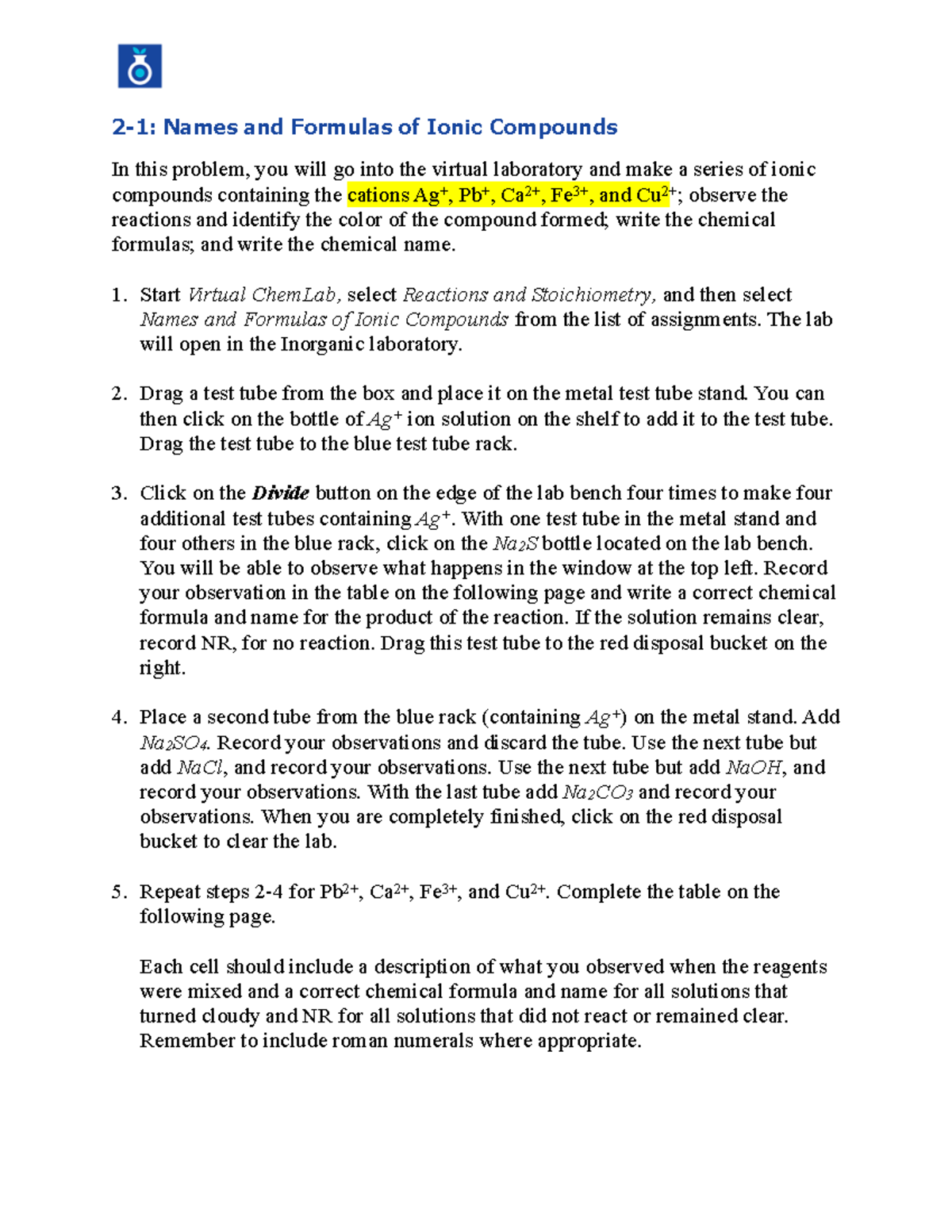 Lab 2 - Lab 2.1 - 2-1: Names and Formulas of Ionic Compounds In this ...