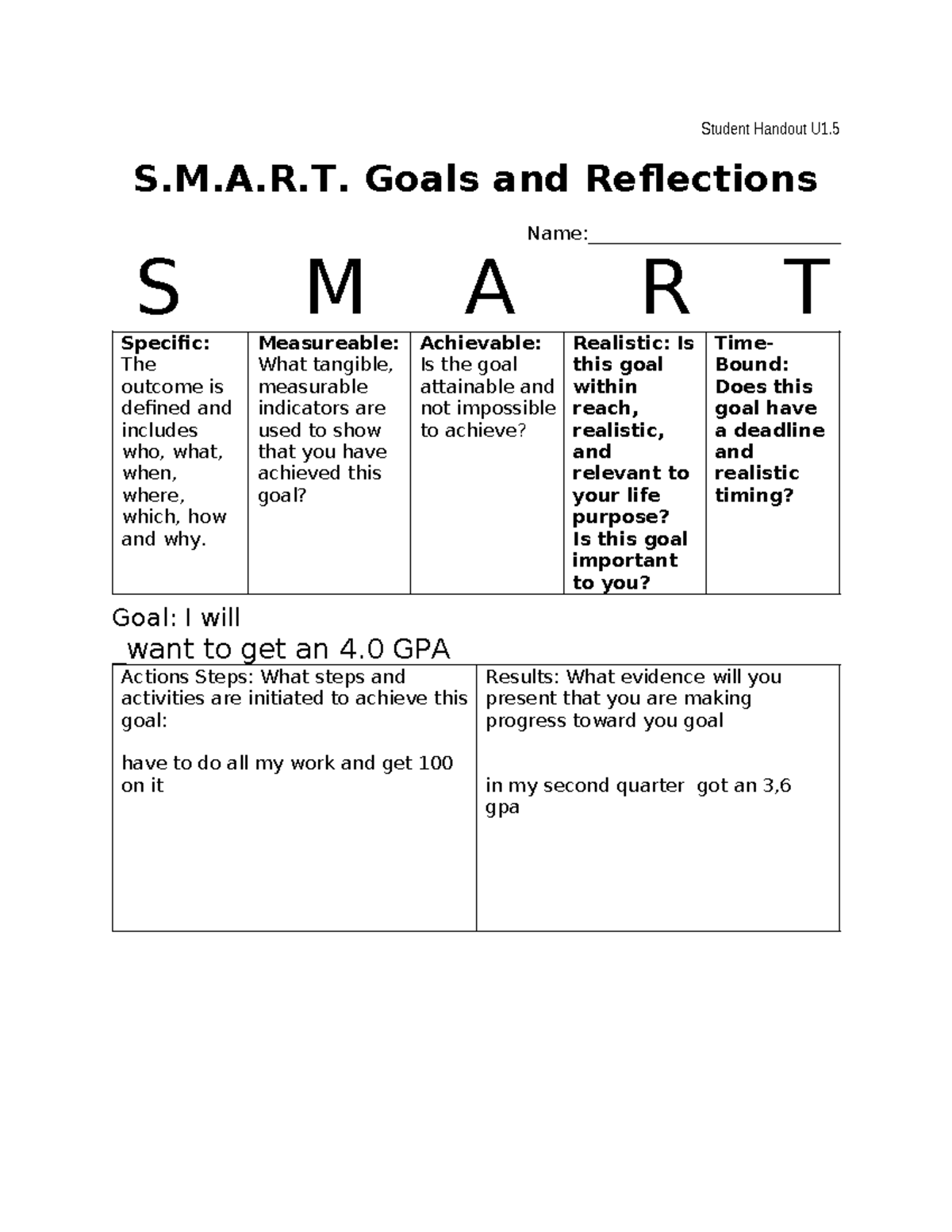 Smart Goals AND Reflection Worksheet - Student Handout U1. S.M.A.R ...