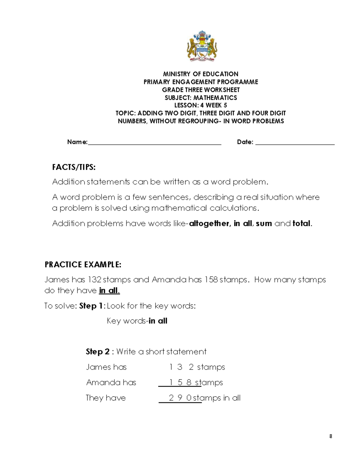 Grade 3 Mathematics Week 5 Lesson 4 - 8 MINISTRY OF EDUCATION PRIMARY ...