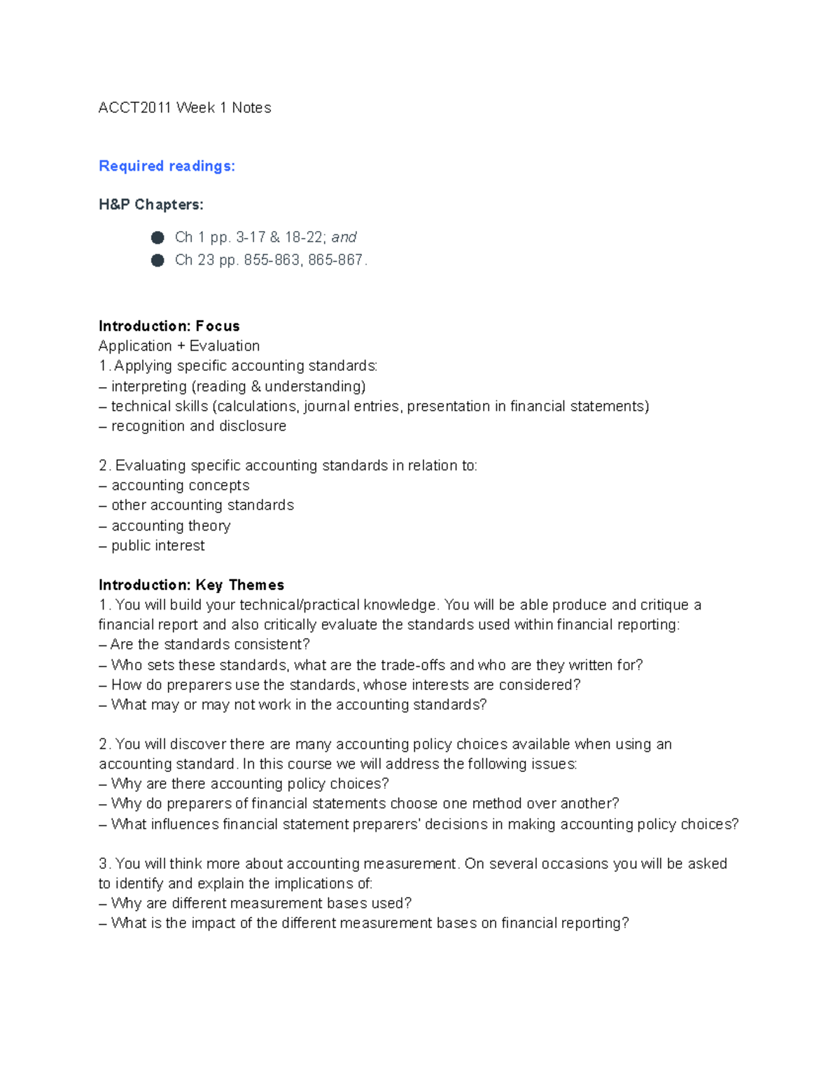 ACCT2011 Week 1 Notes - ACCT2011 Week 1 Notes Required readings: H&P ...