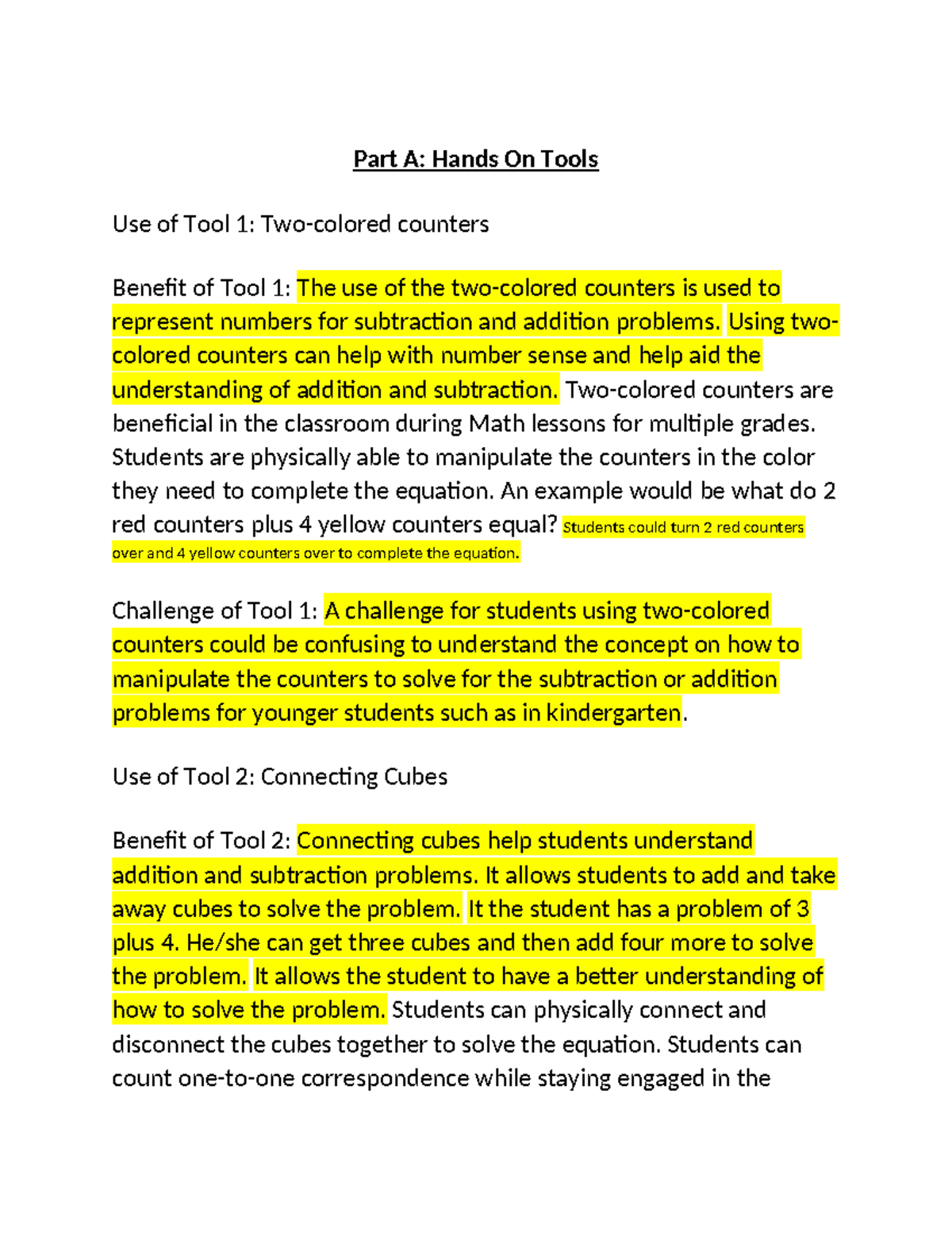 C381 TASK1 (1) - Task - Part A: Hands On Tools Use of Tool 1: Two-colored counters Benefit of ...