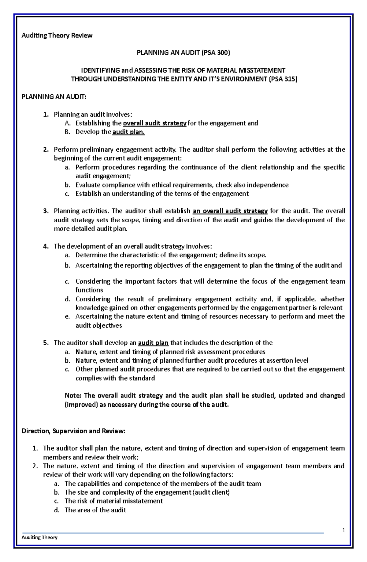 Planning AN Audit - Auditing Theory Review PLANNING AN AUDIT (PSA 300 ...