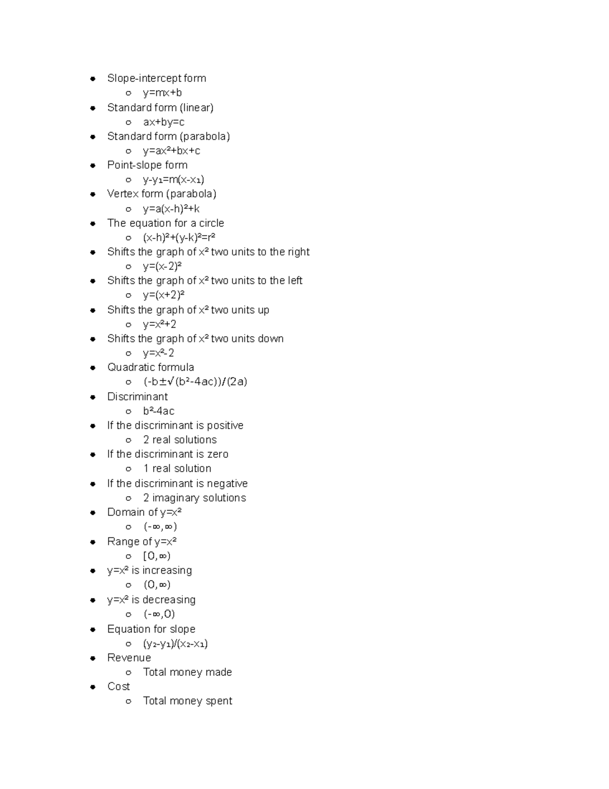MATH-101 Equations - Slope-intercept form y=mx+b Standard form (linear ...