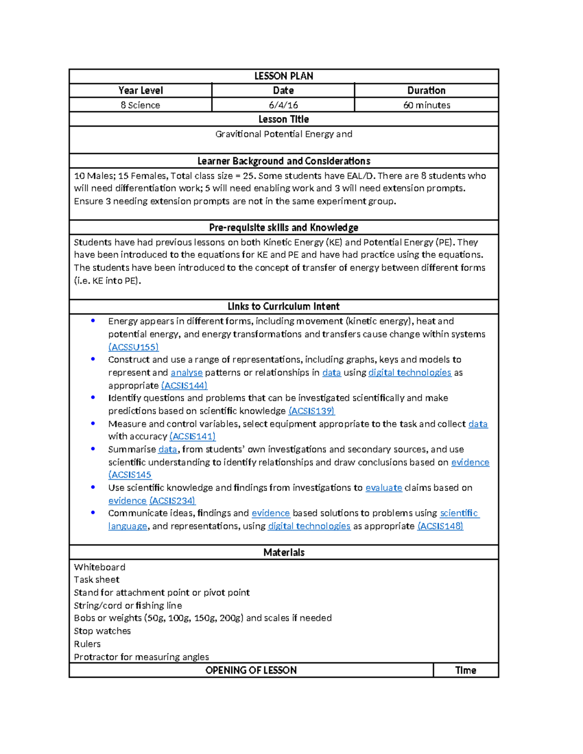 Lesson Plan - Year 8 - Science - Lesson 1 - Week 1 - LESSON PLAN Year ...
