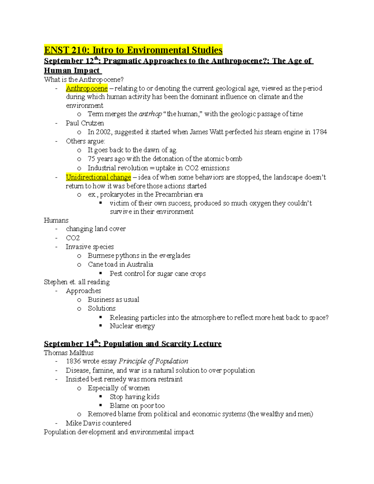 ENST 210 Semester Notes - ENST 210: Intro to Environmental Studies ...