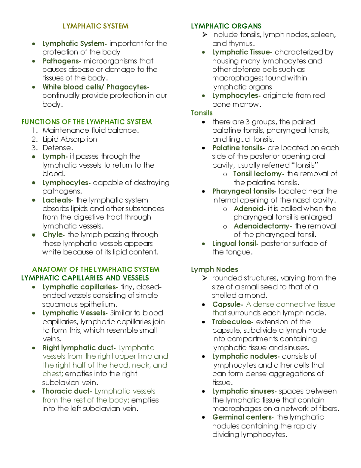 Lymphatic System - notes - LYMPHATIC SYSTEM Lymphatic System- important ...