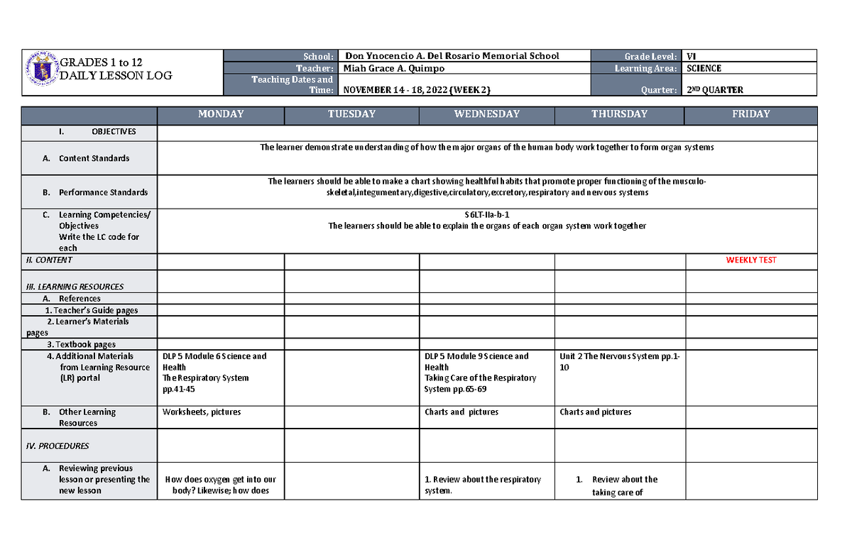 DLL Science 6 Q2 W2 - FOR RESEARCH PURPOSES ONLY - GRADES 1 to 12 DAILY ...