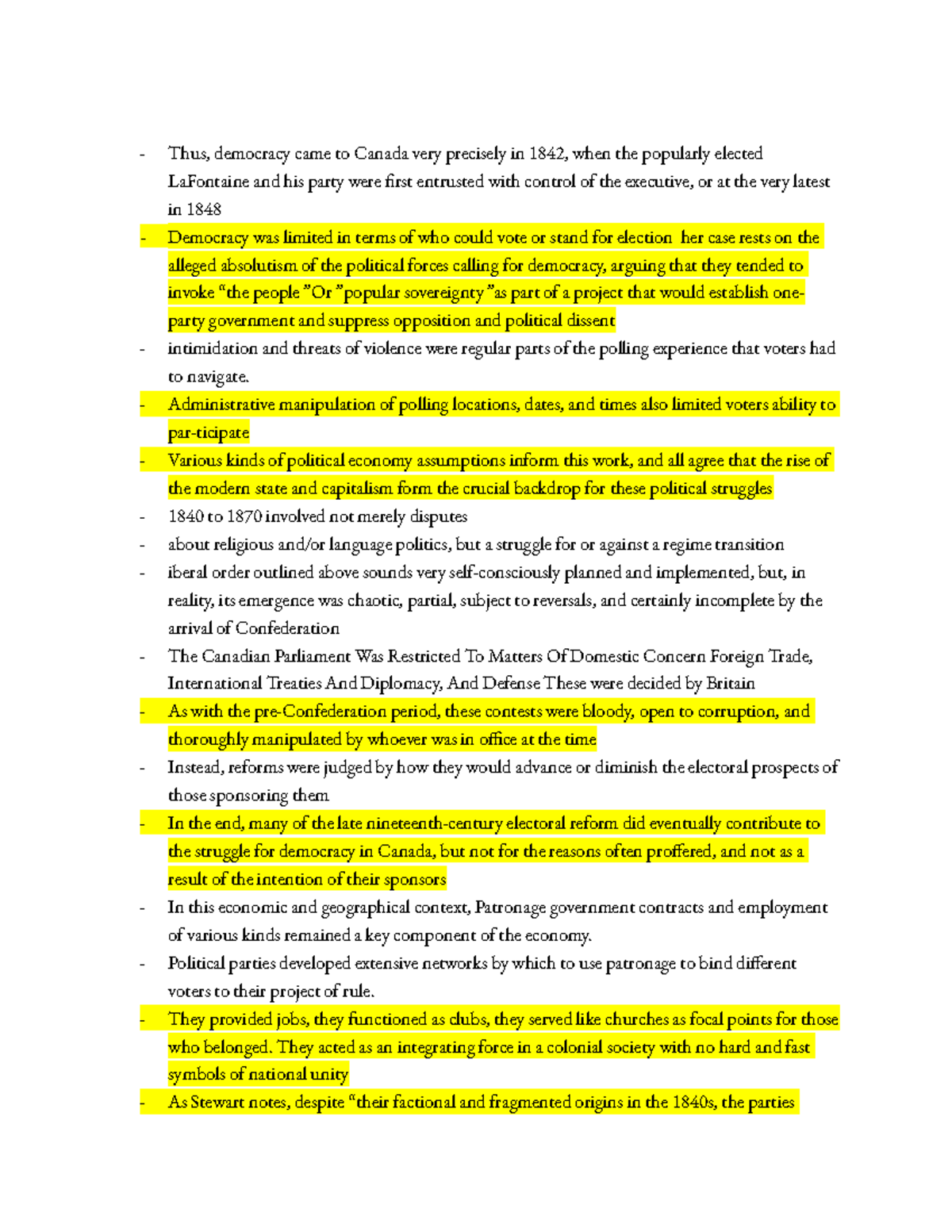 Pilon Reading notes - Thus, democracy came to Canada very precisely in ...