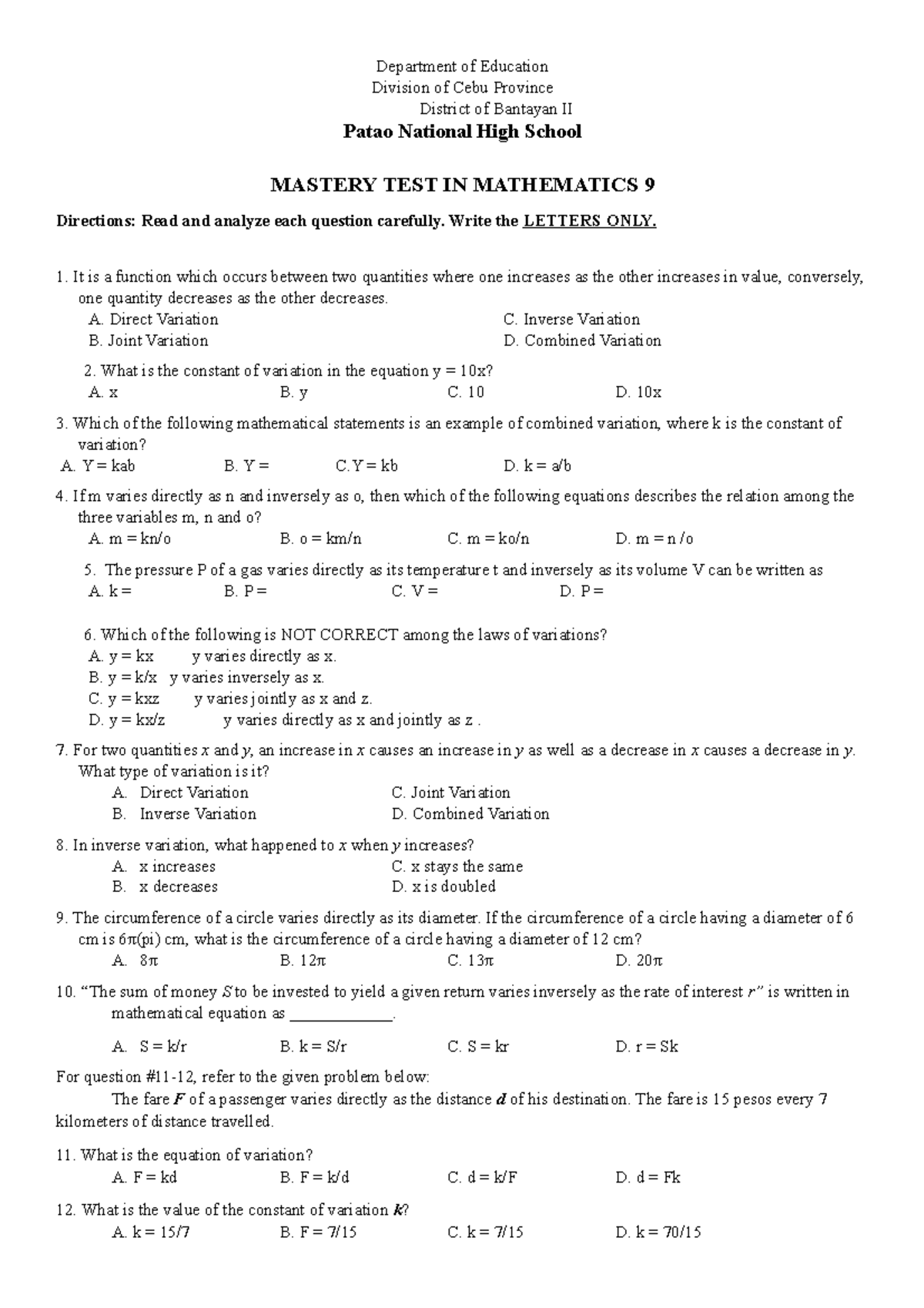 Mastery TEST IN MATH 9-Q2 - Department of Education Division of Cebu ...