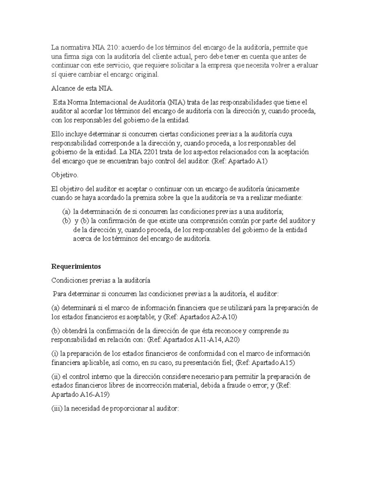 Normas internaciones NIA 210 - Auditoria Financiera - Uniminuto - Studocu