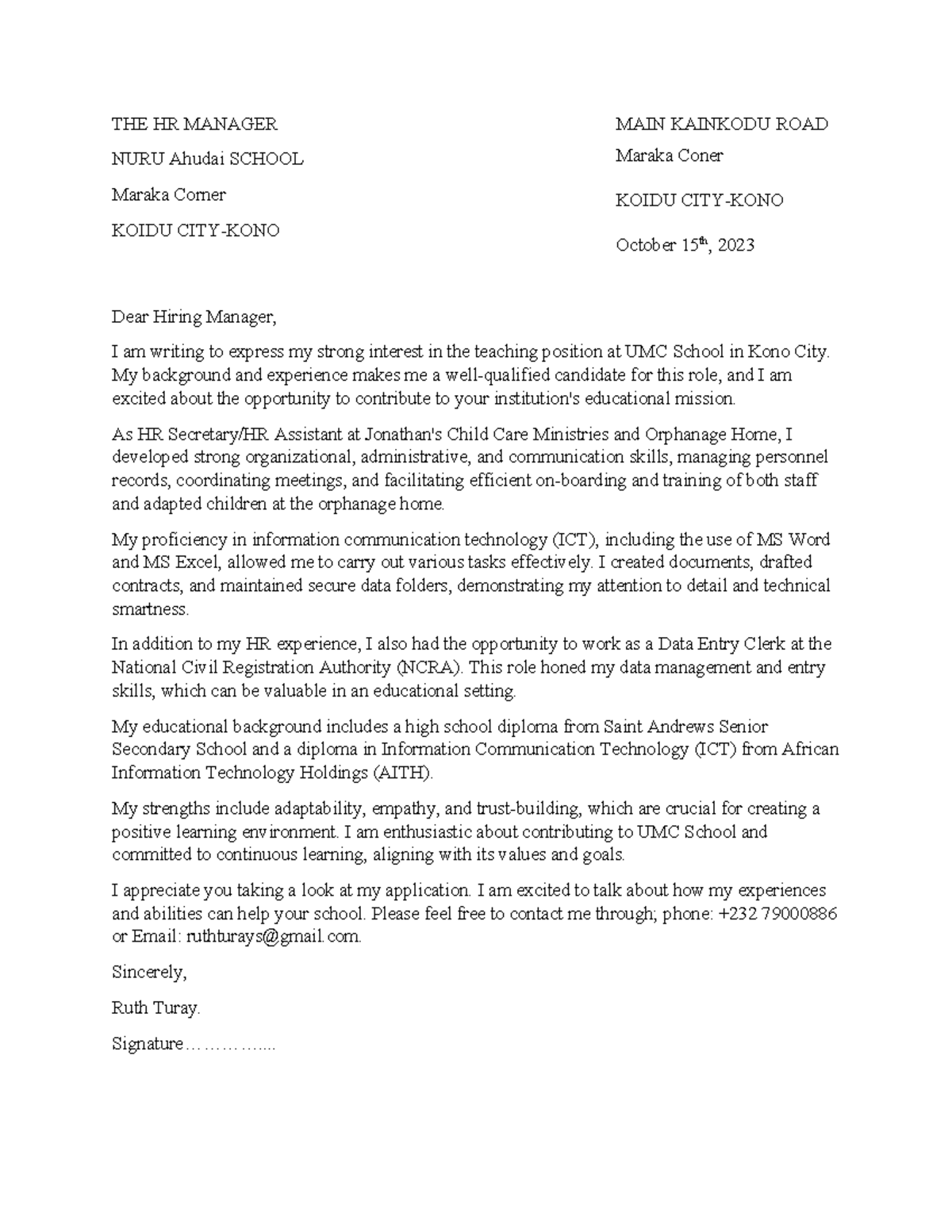 Example of Cover Letter - THE HR MANAGER NURU Ahudai SCHOOL Maraka ...