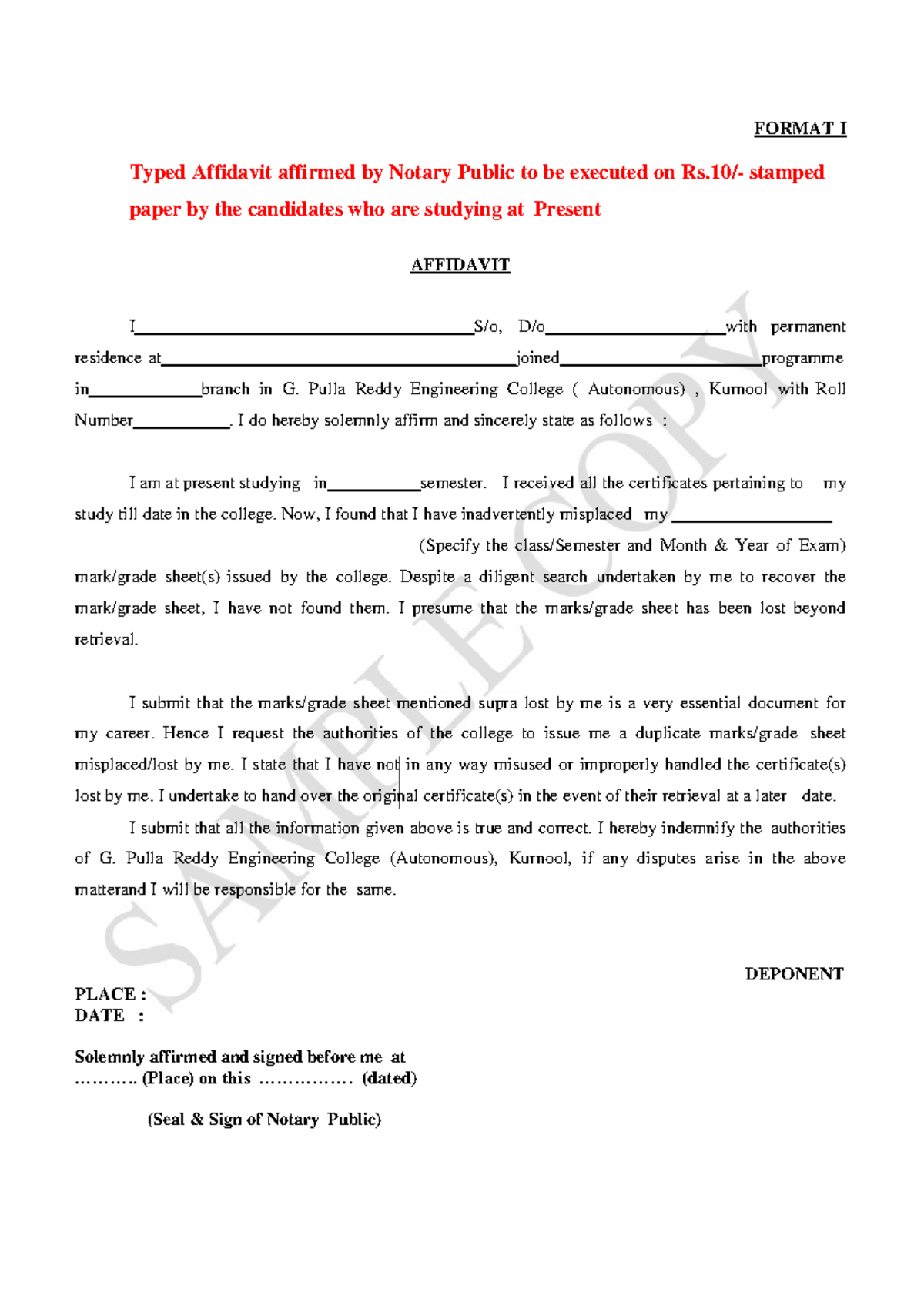 Notary affidavit for duplicate certificates - FORMAT I Typed Affidavit ...