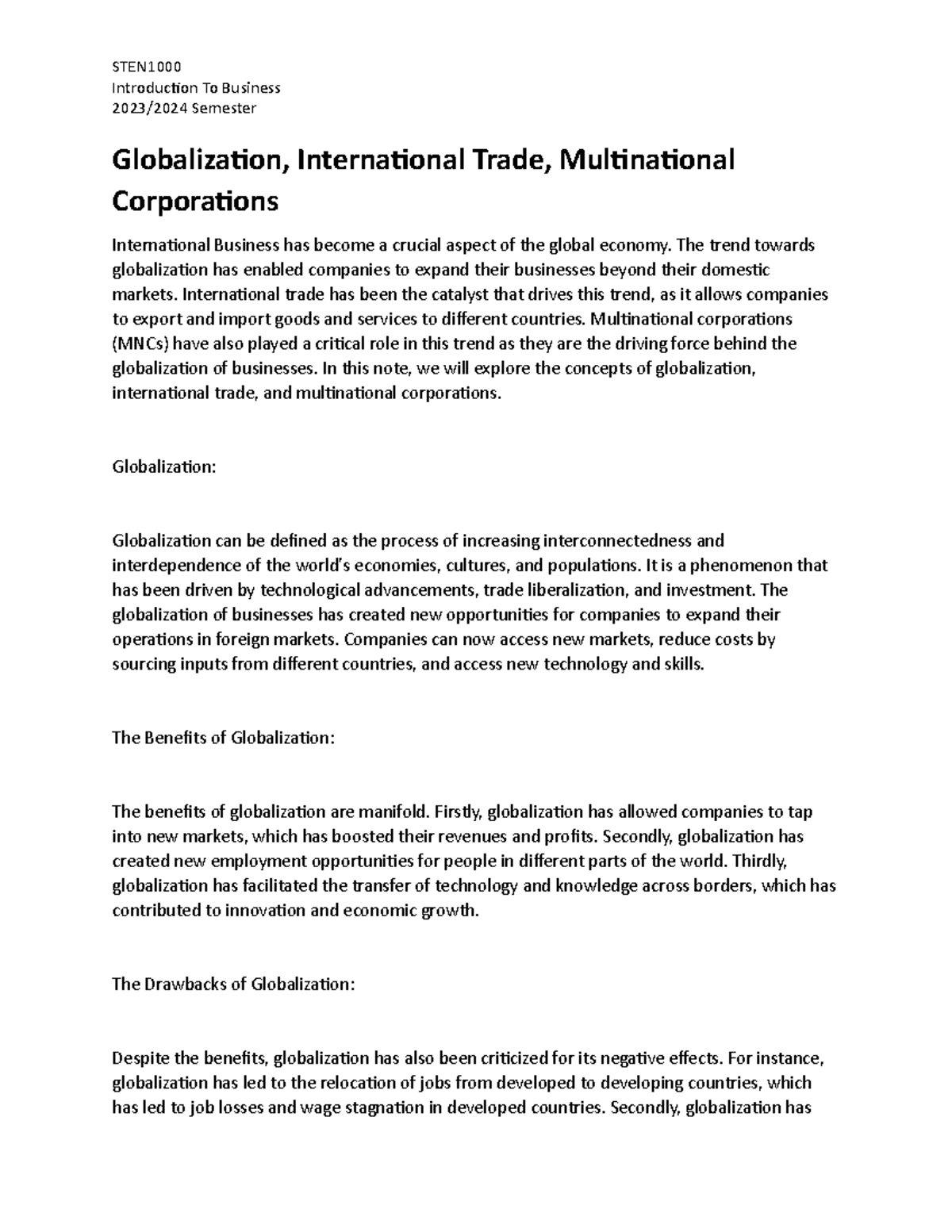 Globalization, International Trade, Multinational Corporations - STEN ...