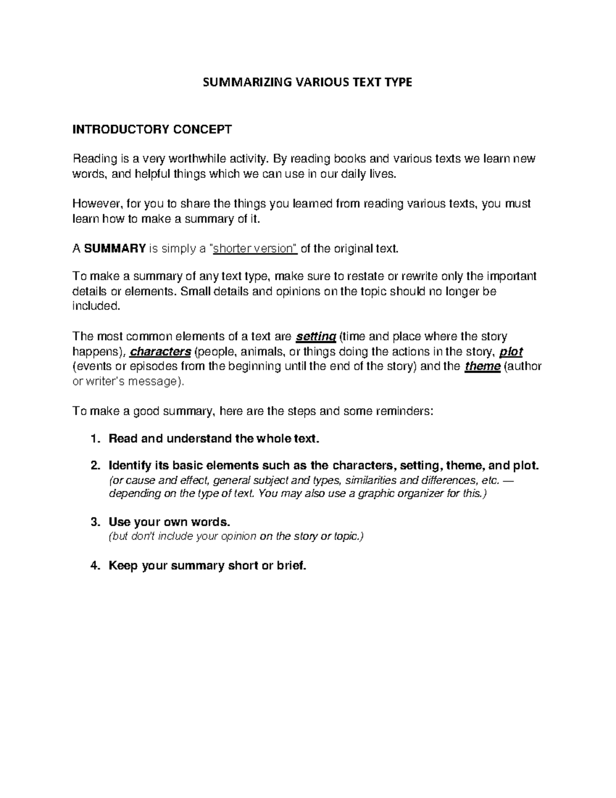 Summarizing Various TEXT TYPE - SUMMARIZING VARIOUS TEXT TYPE ...