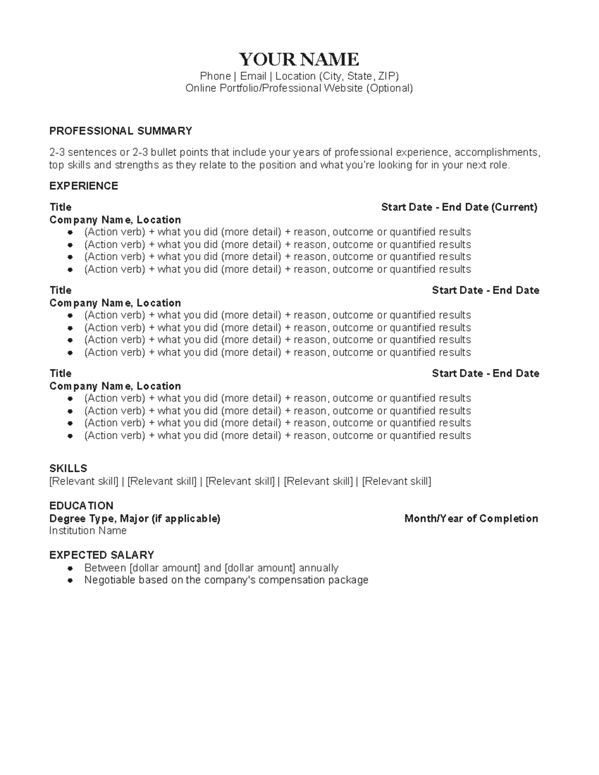 Expected Salary in a Resume Template - YOUR NAME Phone | Email ...