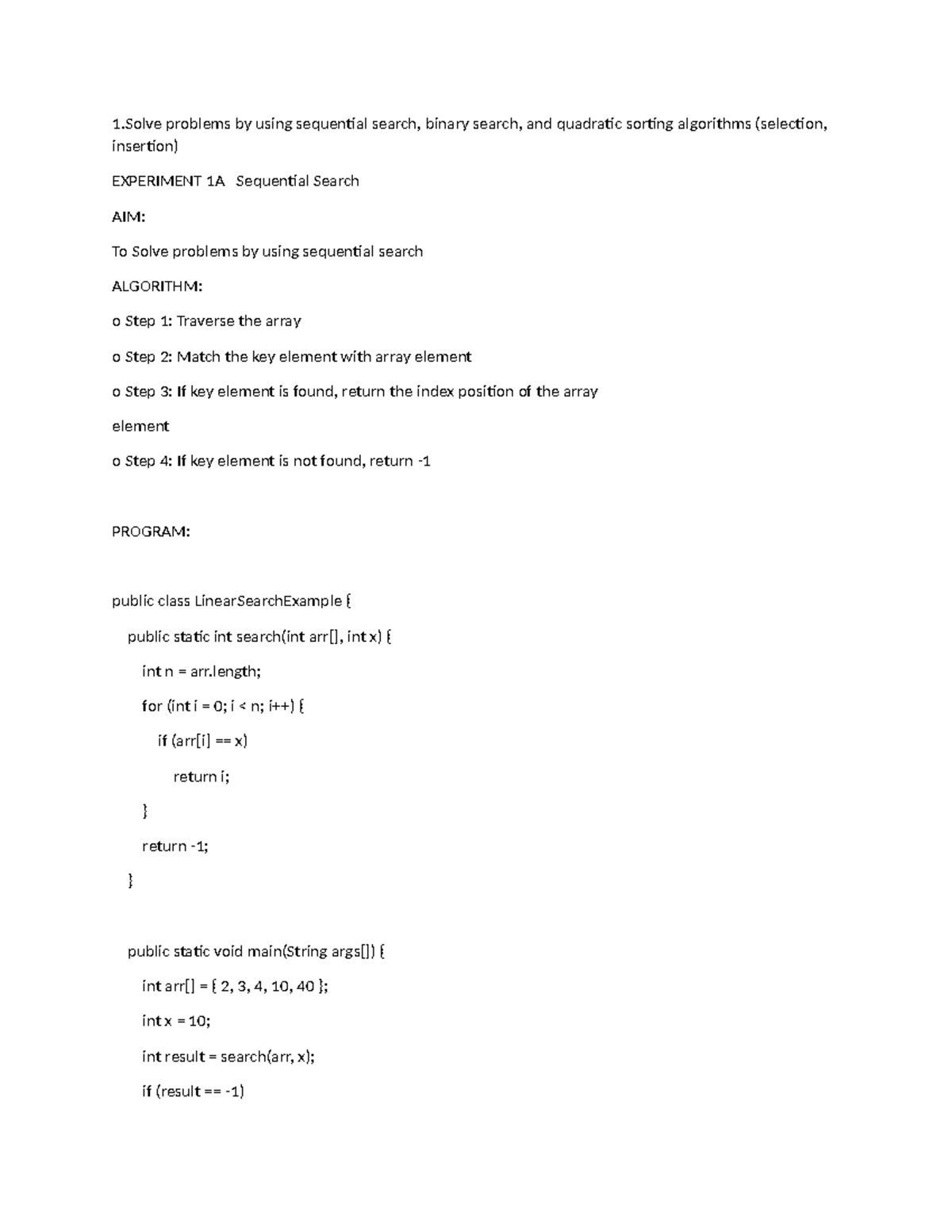 II year exercise - 1 problems by using sequential search, binary search, and quadratic sorting ...
