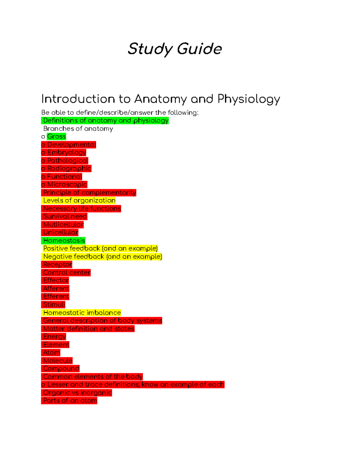 Anatomy - n/a - Study Guide Introduction to Anatomy and Physiology Be ...