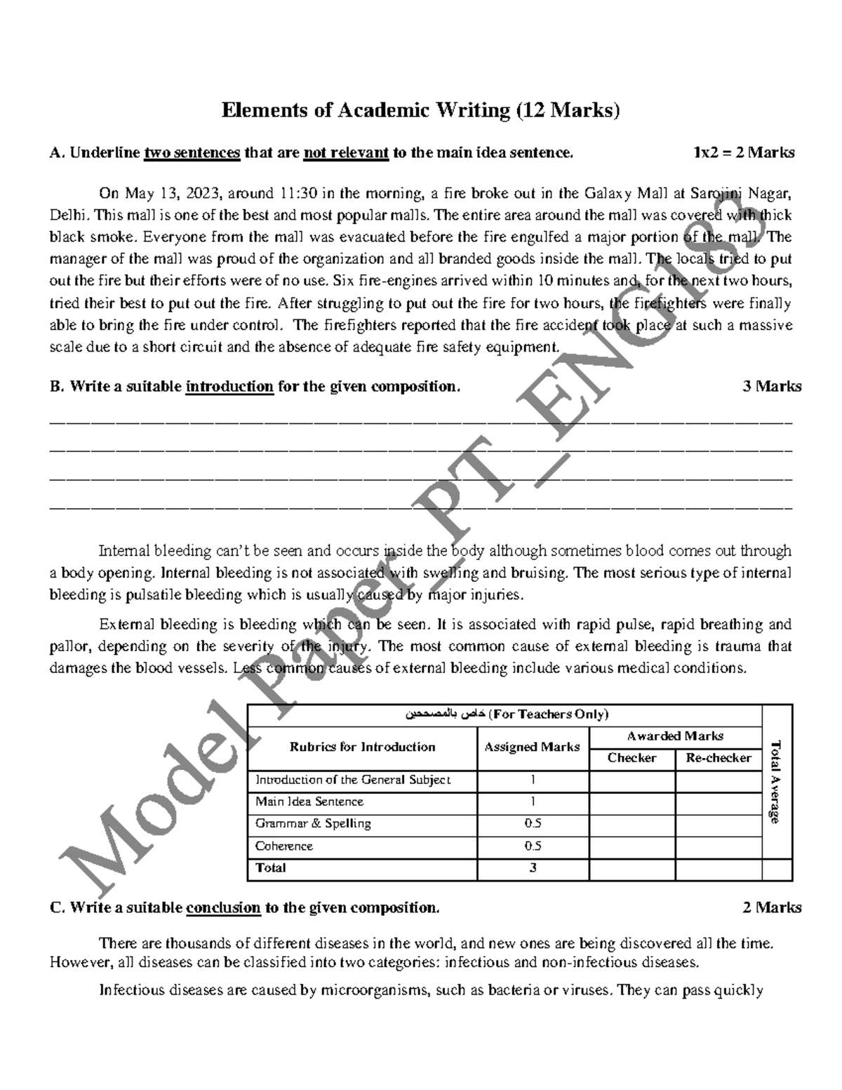 PT Model Paper for ENG 183 20243 - Elements of Academic Writing (12 ...