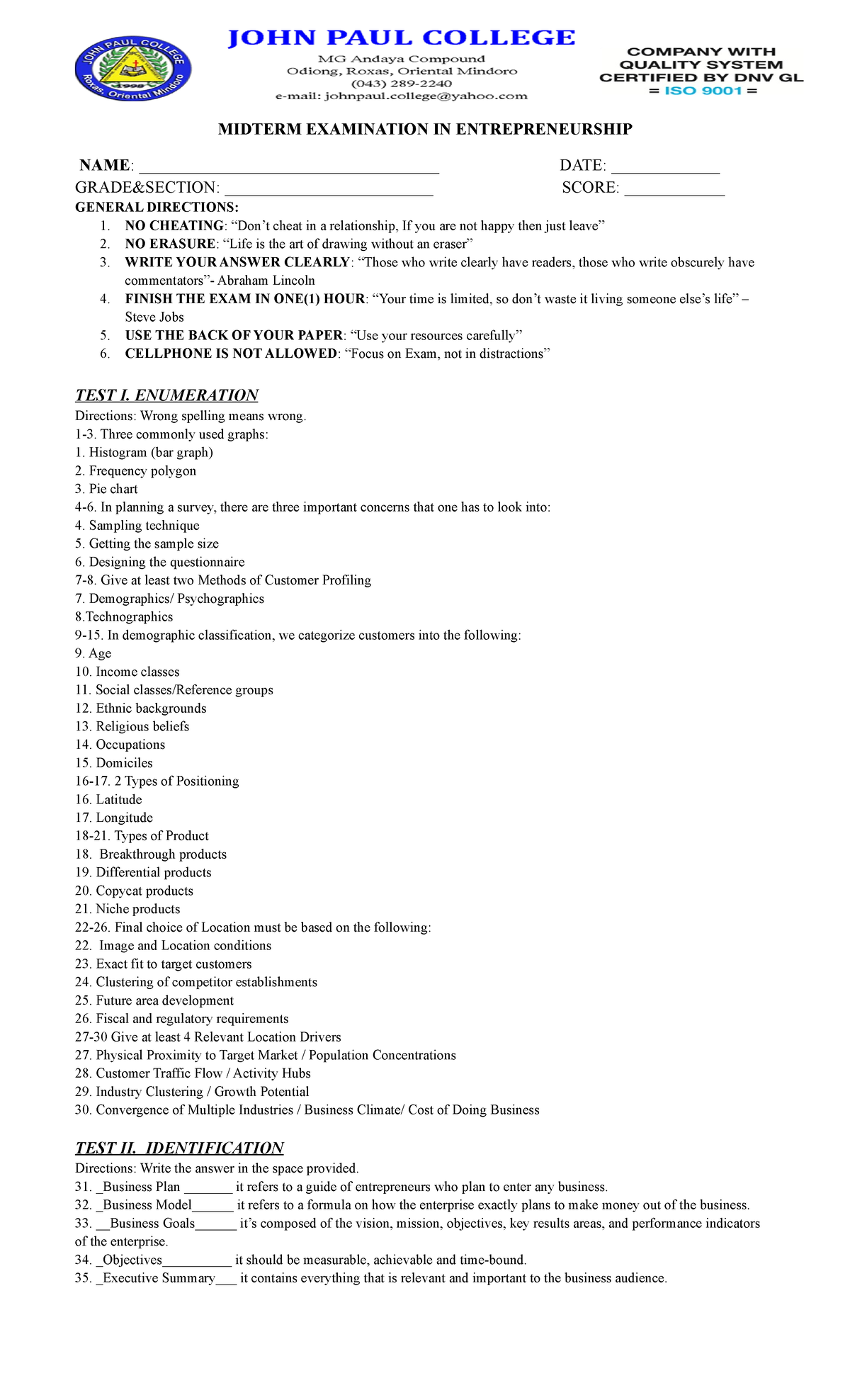 Midterm Entrep-KEY Answer - MIDTERM EXAMINATION IN ENTREPRENEURSHIP NAME : - Studocu