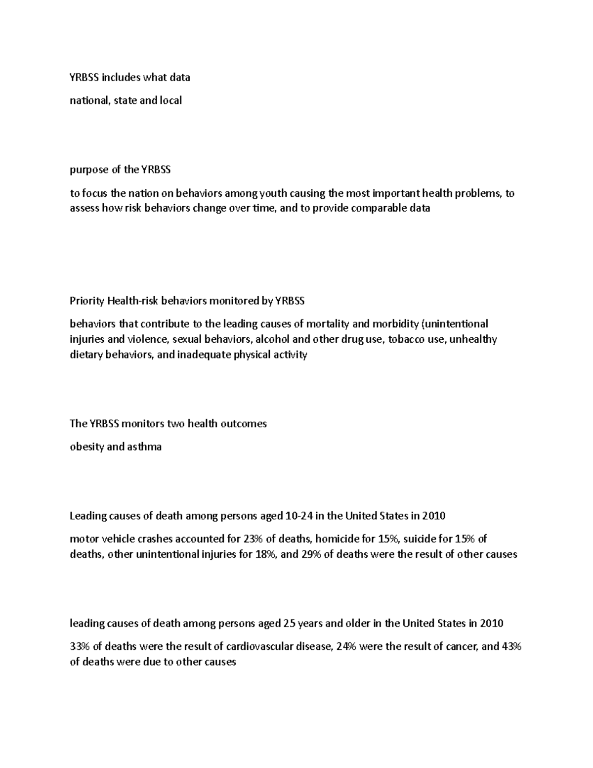 Youth Risk Behavior Survey - YRBSS includes what datanational, state ...