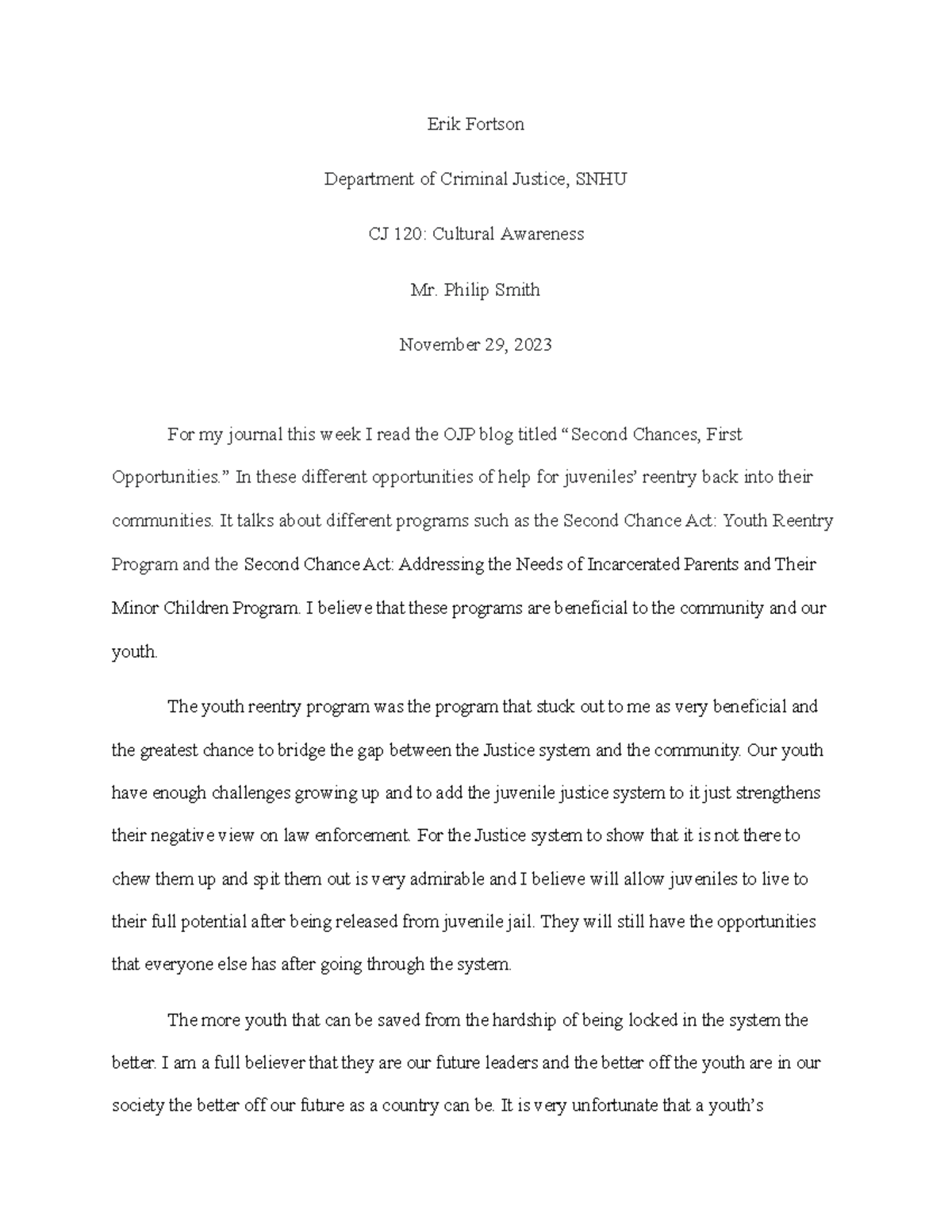 Module 6 Journal - Erik Fortson Department of Criminal Justice, SNHU CJ ...