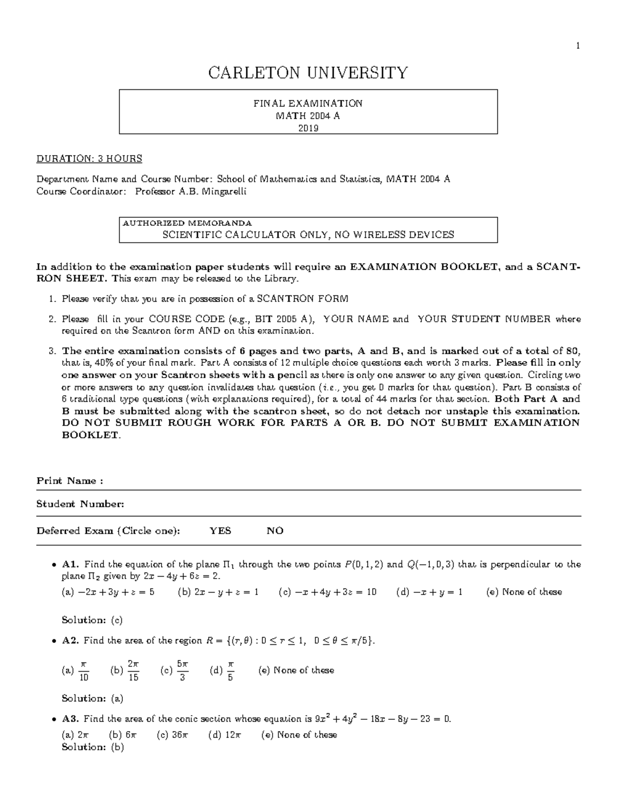 Final Examination MATH 2004 Winter 2019 solutions - 1 CARLETON ...