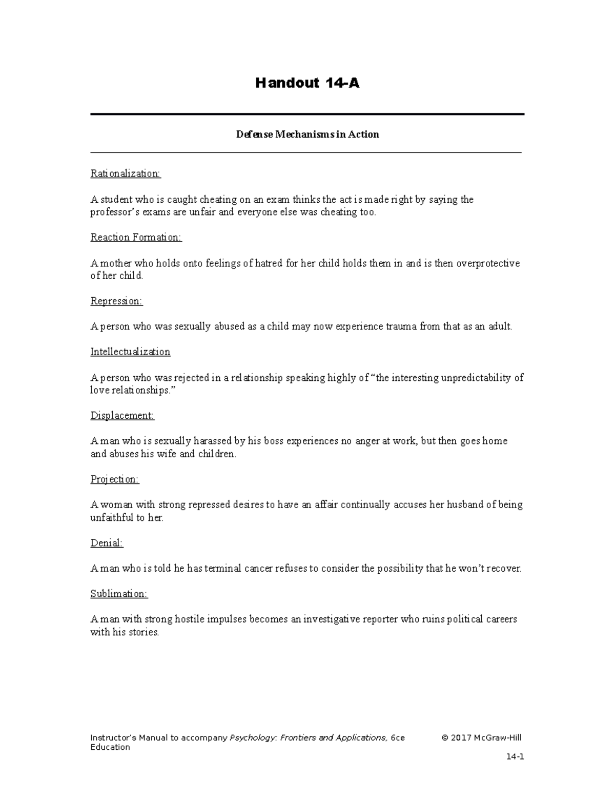 Psychology 101 - Worksheet Handout - Handout 14-A Defense Mechanisms in ...