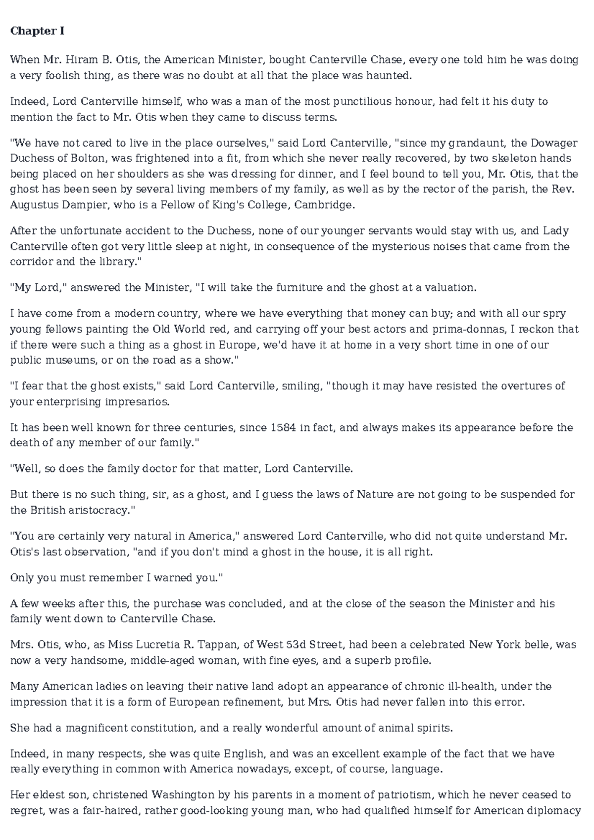 THE Canterville Ghost+ - Chapter I When Mr. Hiram B. Otis, the American ...