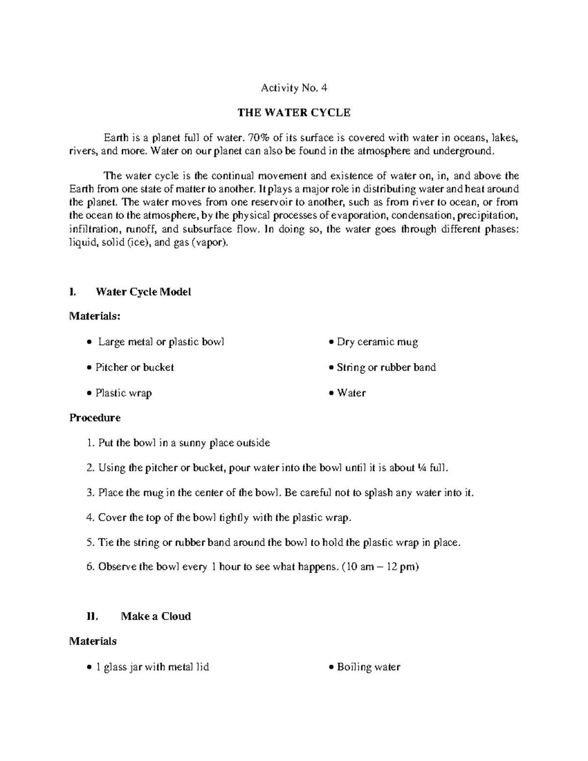 Bio 5 Lab - Activity 4 (Water Cycle) - Activity No. 4 THE WATER CYCLE ...