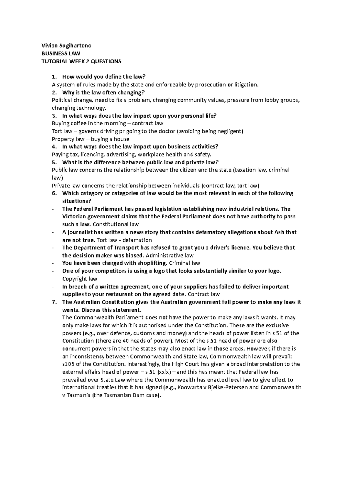 Week 2 questions business law - Vivian Sugihartono BUSINESS LAW ...