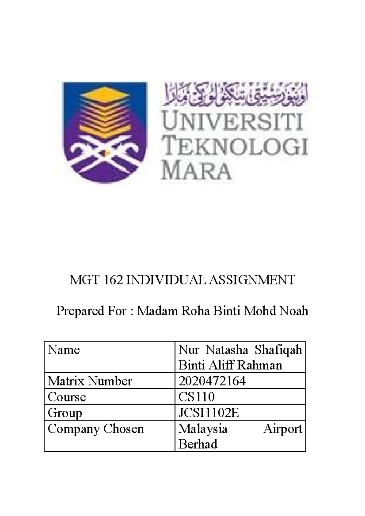 Individual MGT 162 Assignment - MGT 162 INDIVIDUAL ASSIGNMENT Prepared ...
