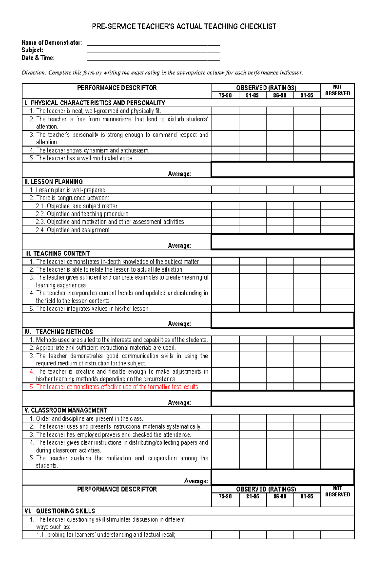 Eval - None - PRE-SERVICE TEACHER’S ACTUAL TEACHING CHECKLIST Name of ...