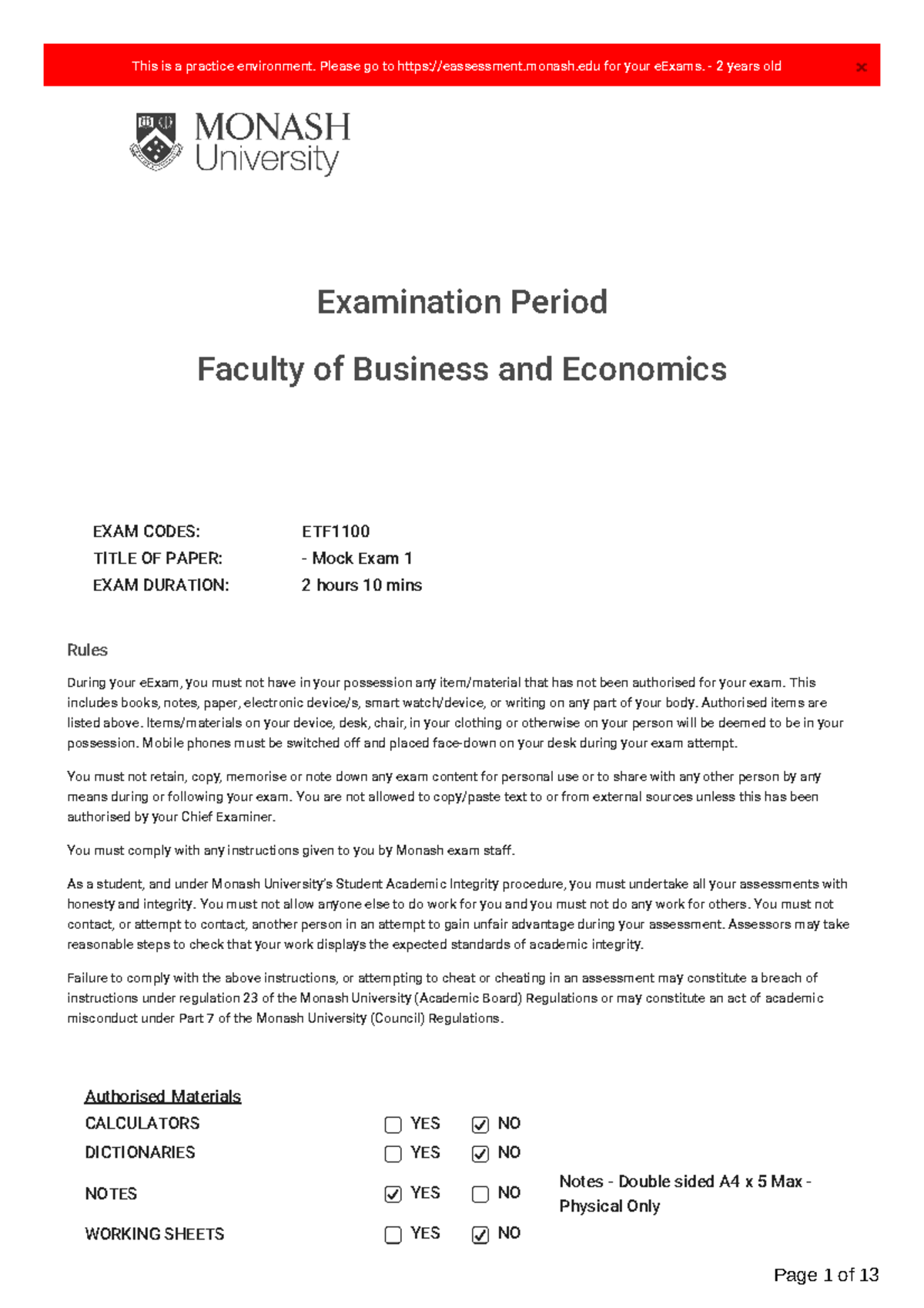 ETF1100 - Mock Exam - prac exam - Examination Period Faculty of ...