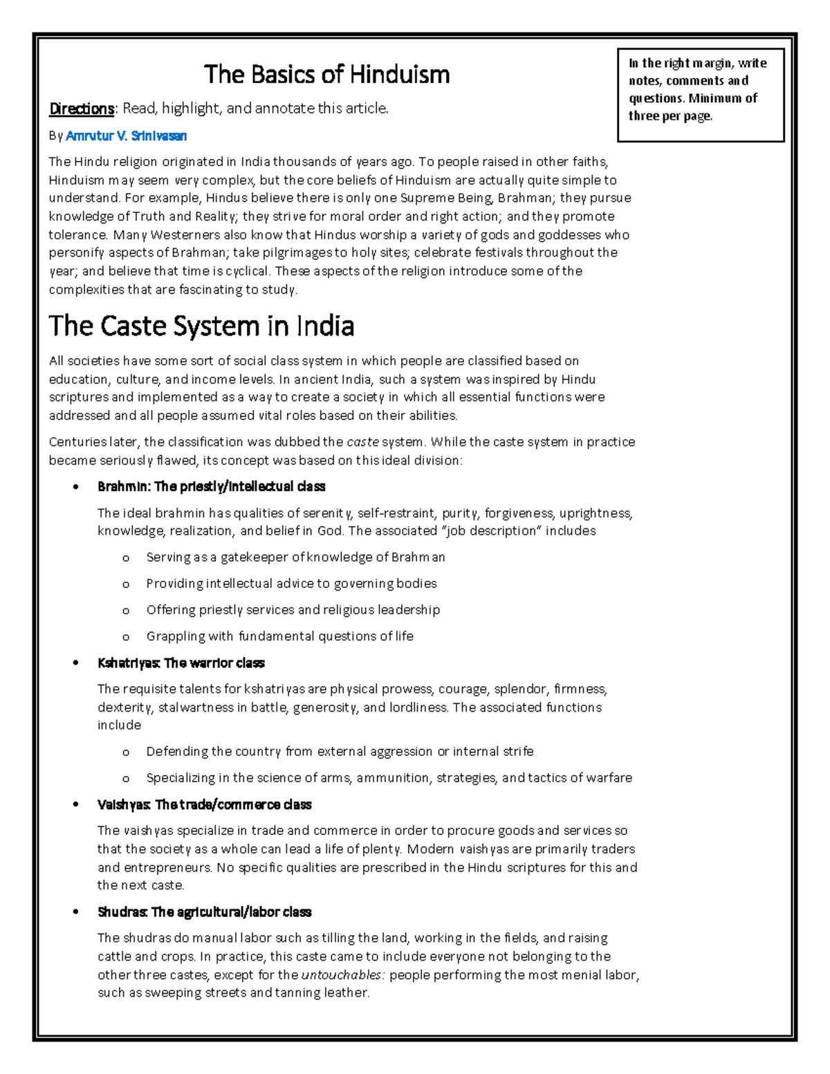 The Basics of Hinduism - The Basics of Hinduism Directions: Read ...