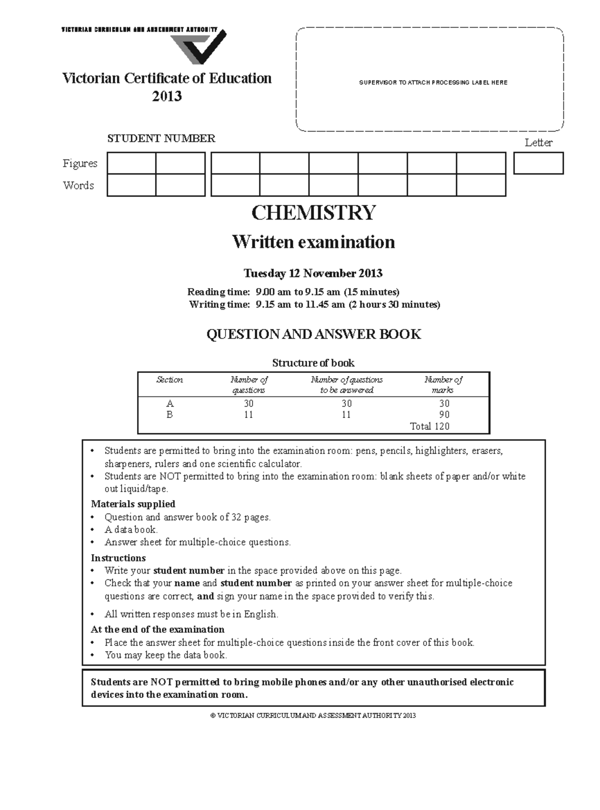 2013 chem - vcaa chemistry exam - Figures Words STUDENT NUMBER Letter ...