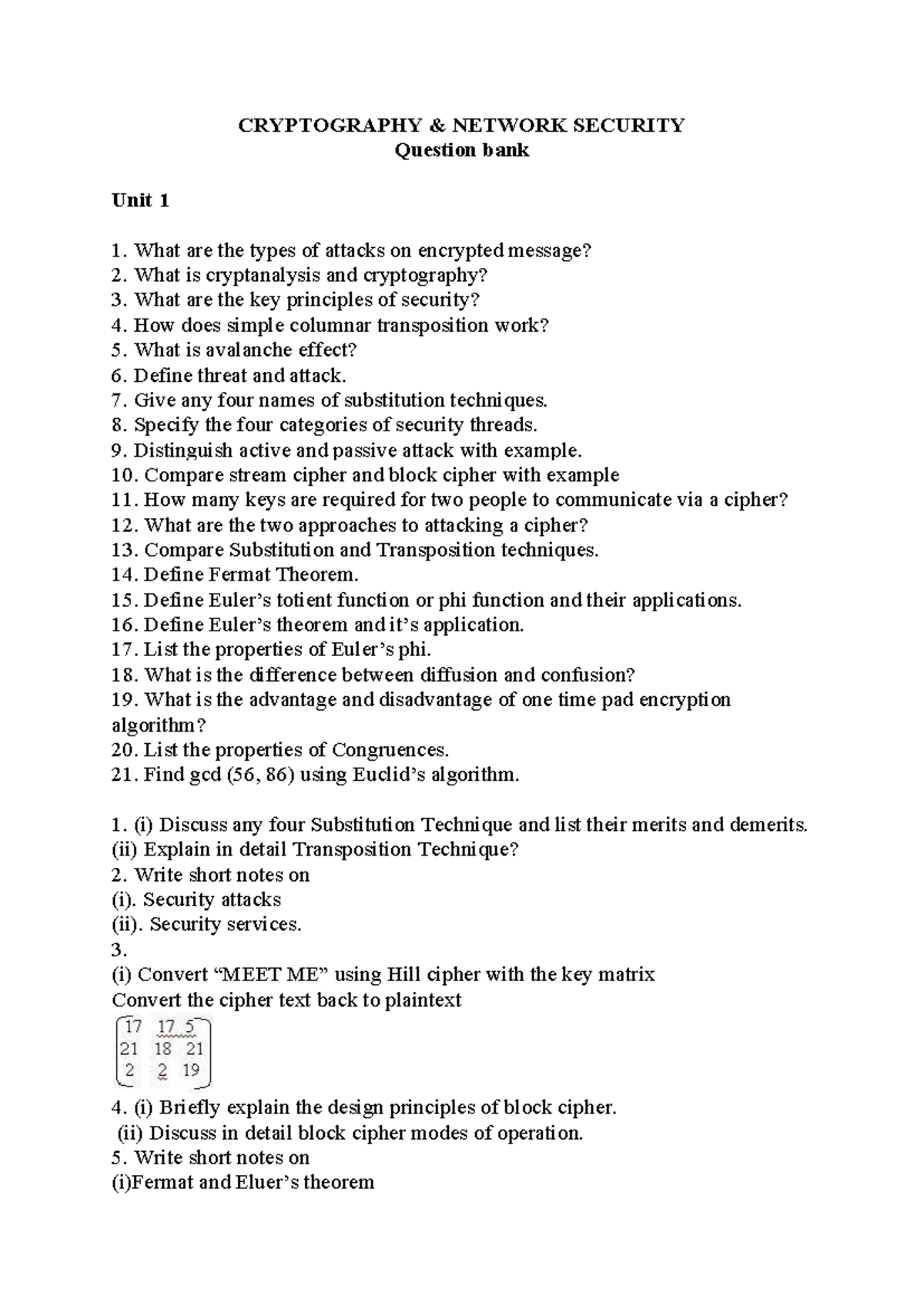 CNS Question bank - CRYPTOGRAPHY & NETWORK SECURITY Question bank Unit ...