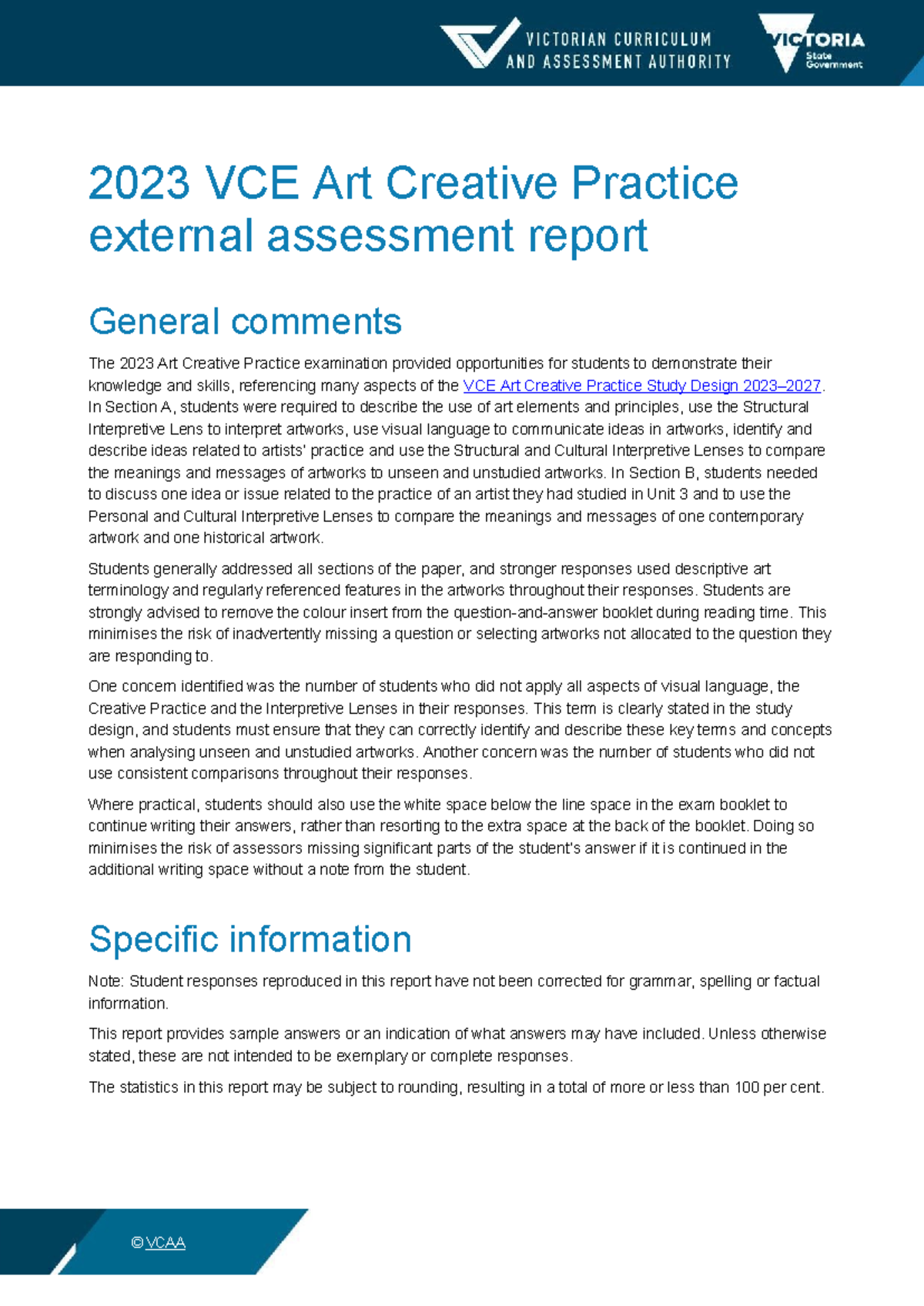 2023artcreativepractice-report - 2023 VCE Art Creative Practice external assessment report ...