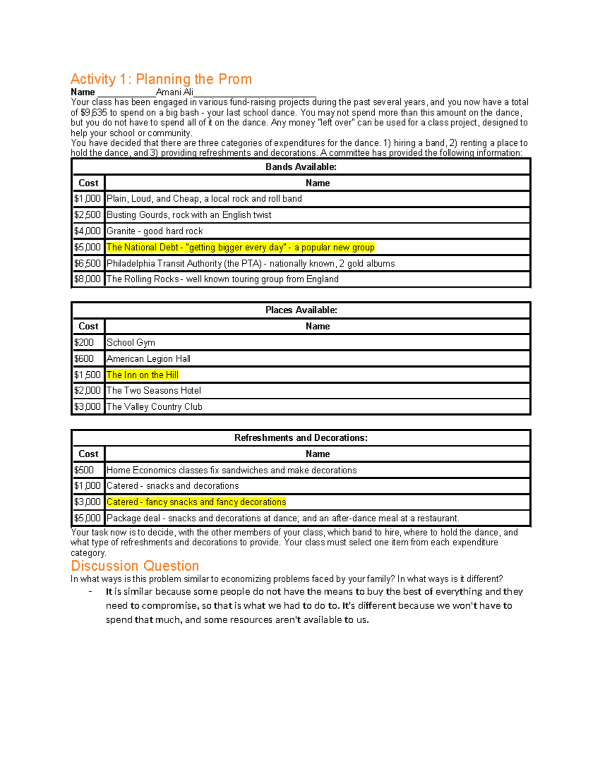 Activity 1 planing for the prom 5 - Activity 1: Planning the Prom Name Amani Ali ...