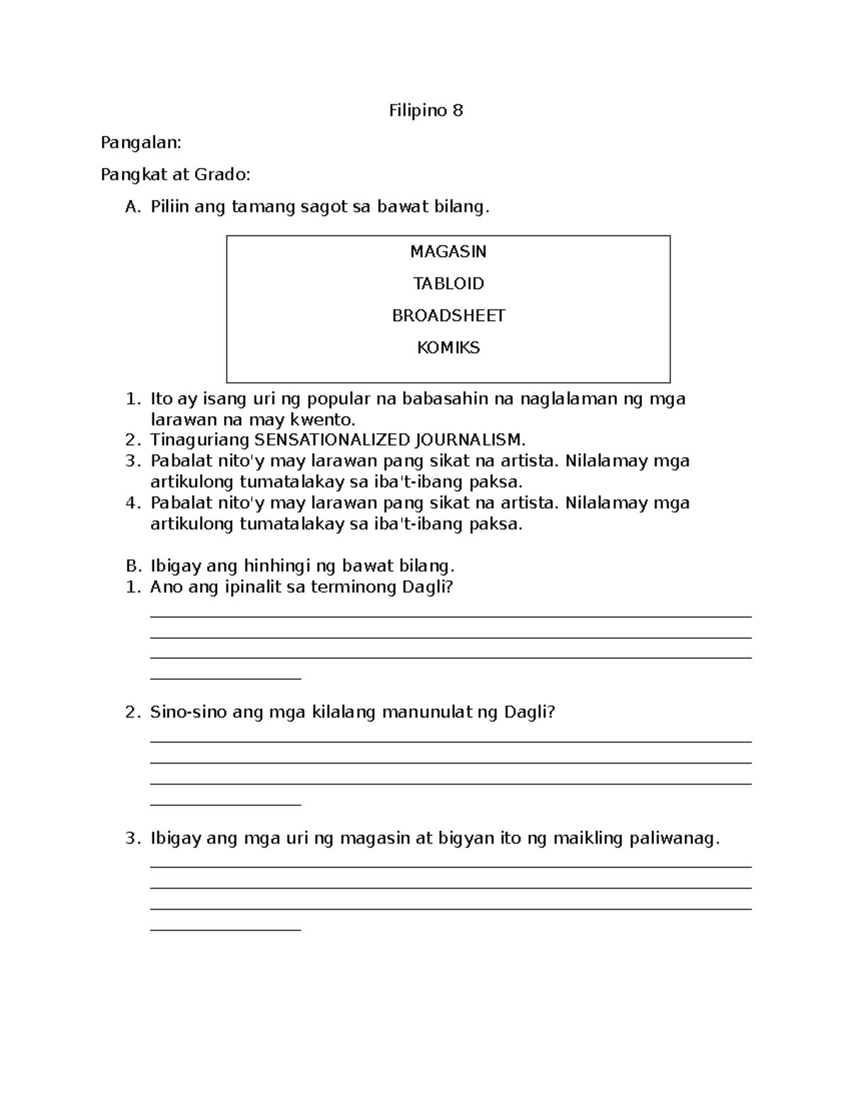 Popular na babasahin pagsasanay - Filipino 8 Pangalan: Pangkat at Grado ...