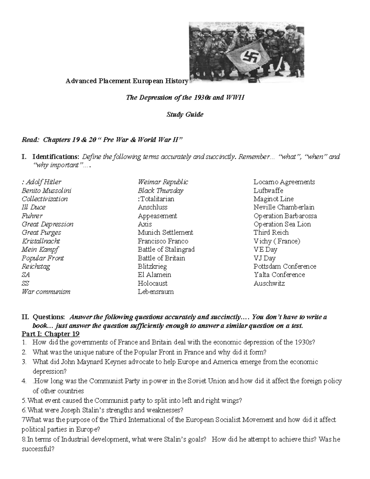 Pre War & WWII Study Guide-student II-1 - Advanced Placement European ...
