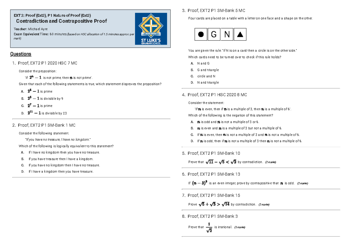 Contradiction and Contrapositive Proof HSC Questions - 1. Proof, EXT2 ...